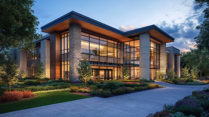 Modern Stone and Glass House Exterior at Dusk Stock Illustration ...