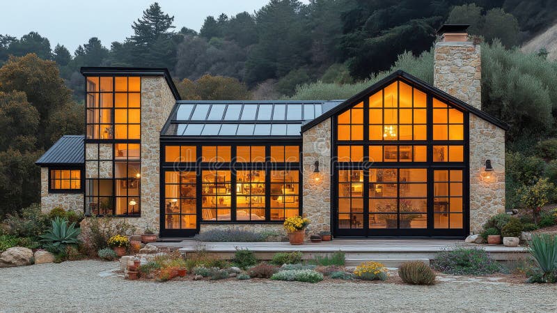 Modern Stone and Glass House on a Hillside at Dusk Stock Photo - Image ...