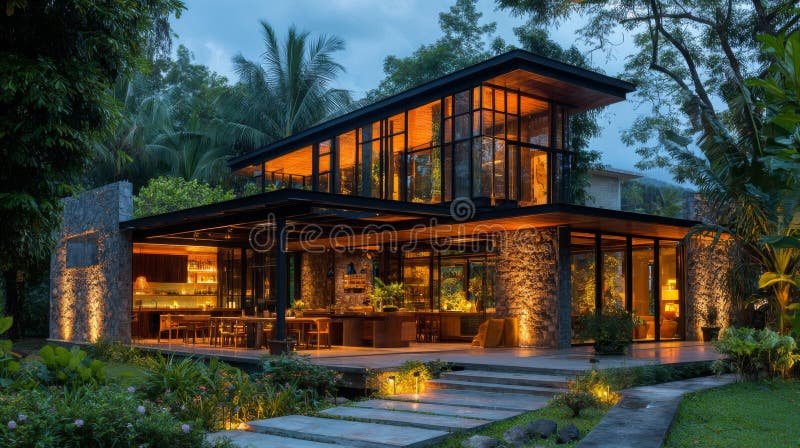 Modern Stone and Glass House at Night Stock Illustration - Illustration ...