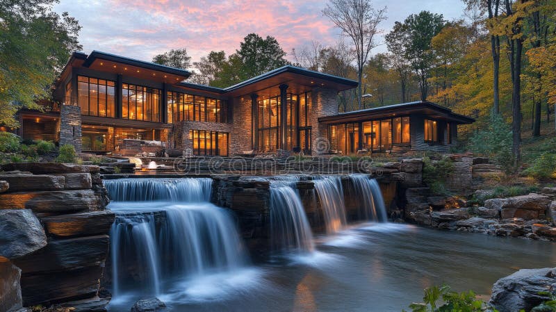 Modern Stone House with Cascading Waterfall at Dusk Stock Illustration ...