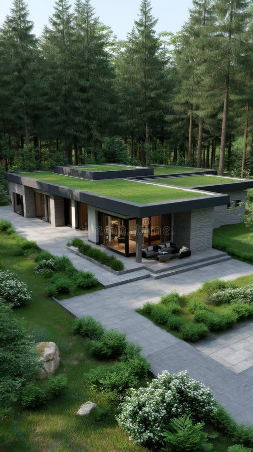 Modern Stone House with Green Roof Surrounded by Forest Trees ...