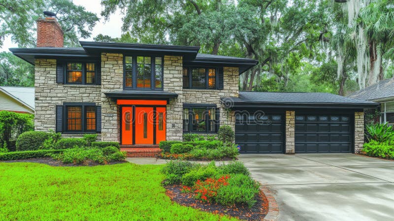 Modern Stone House with Orange Door and Black Accents Stock Photo ...