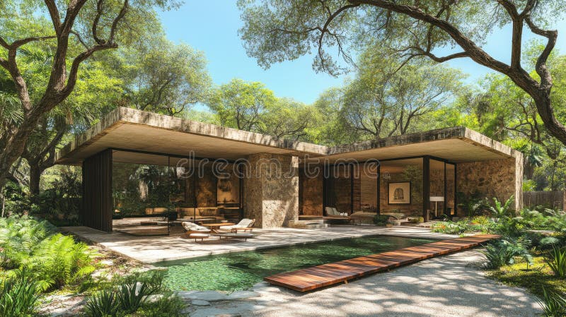 Modern Stone House with Tropical Landscaping and Pool Stock Image ...