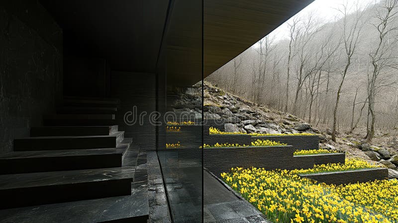 Modern Stone Pavilion Daffodils Hillside Spring Stock Image - Image of ...