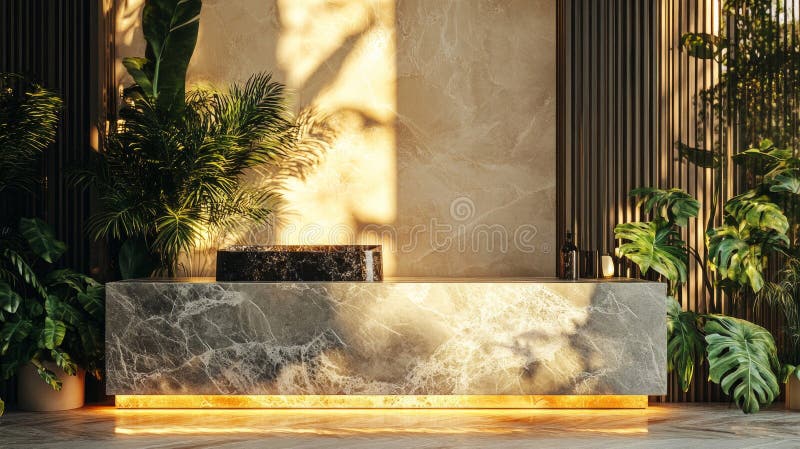 Modern Stone Reception Desk with Tropical Plants and Warm Lighting ...
