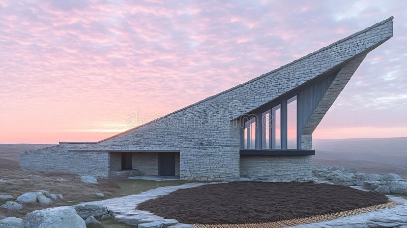 Modern Stone Structure at Sunset Landscape Stock Illustration ...