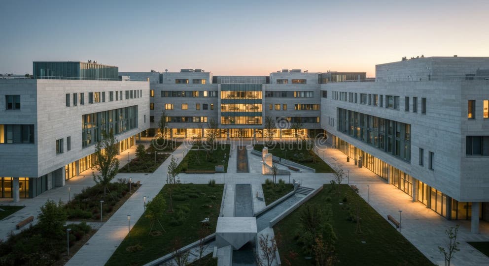 Modern Stone University Campus at Dusk Stock Illustration ...