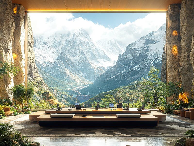 A Modern, Stone-walled Restaurant or Lounge with a Panoramic View of an ...