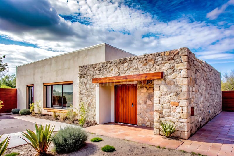 Modern Stone and Wood Home Exterior Design Stock Illustration ...