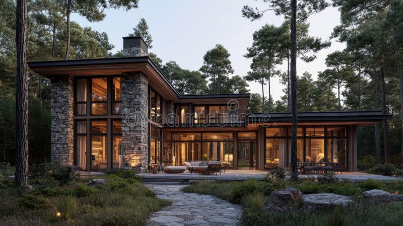 Modern Stone and Wood House in a Forest at Dusk Stock Illustration ...