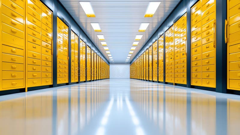 A Modern Storage Facility with Bright Yellow Lockers and a Reflective ...