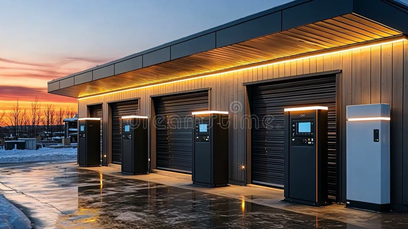 Modern Storage Facility Featuring Illuminated Charging Stations and ...