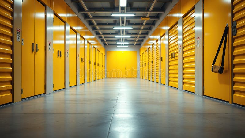 Modern Storage Facility Hallway Bright Yellow Doors Sleek Gray Flooring ...