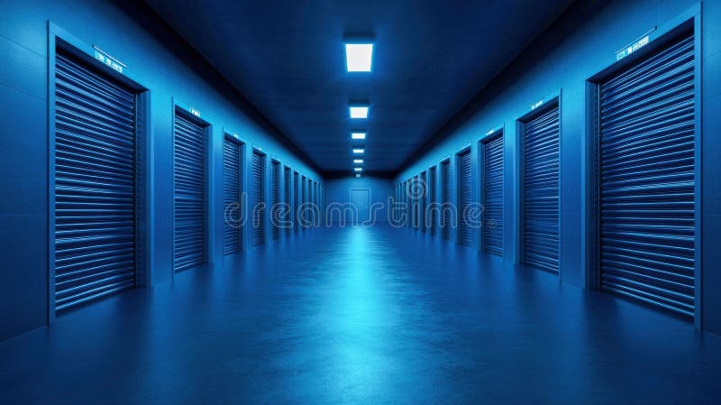 Modern Storage Facility with Illuminated Blue Corridor Stock ...