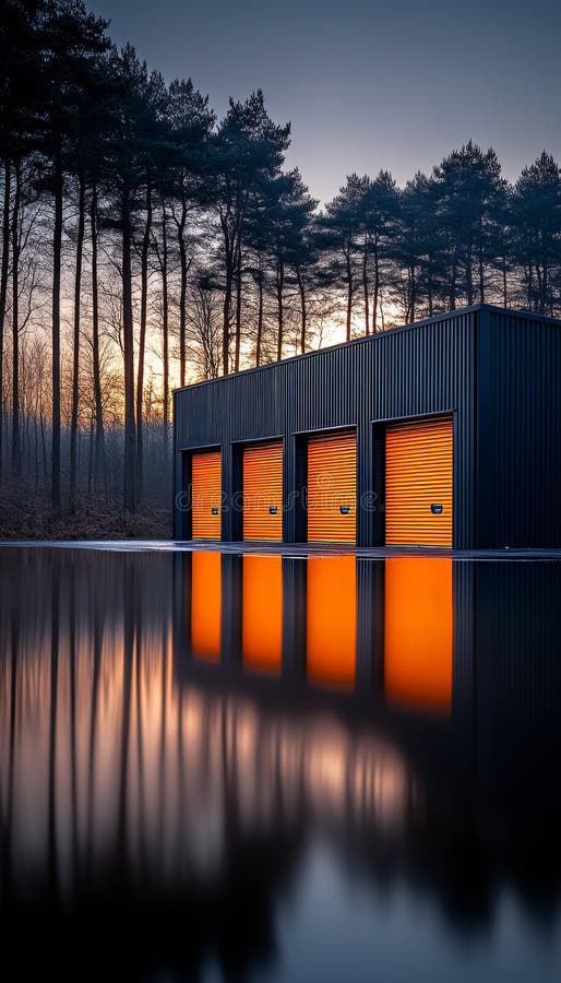 Modern Storage Facility with Illuminated Doors Reflected in Water at ...