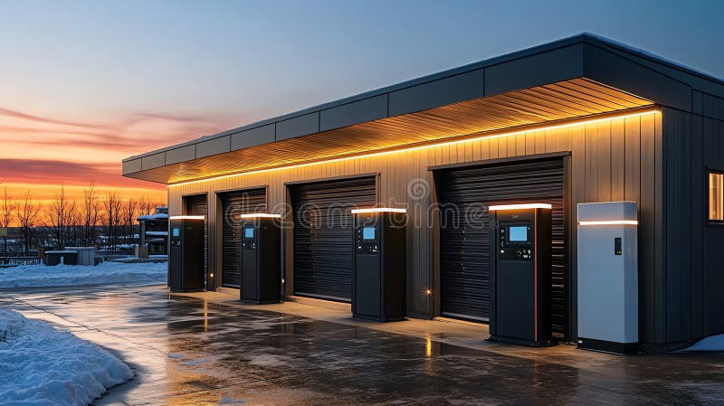 Modern Storage Facility with Illuminated Garage Doors at Sunset ...