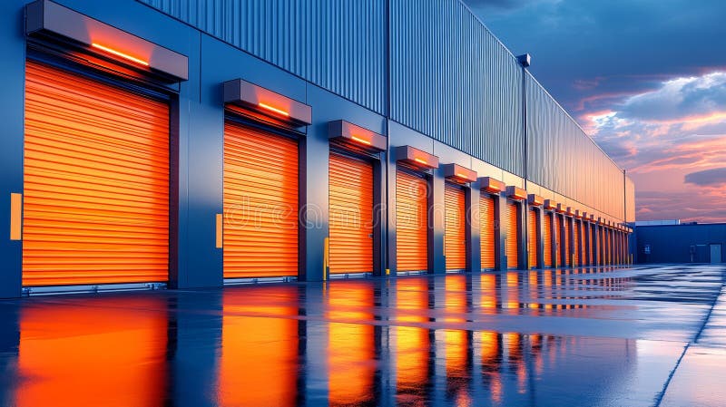 Modern Storage Facility with Orange Roll-up Doors Reflected on Wet ...