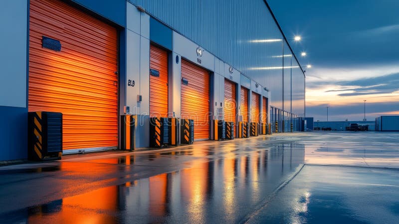 Modern Storage Facility with Orange Roll-Up Doors Reflecting on Wet ...