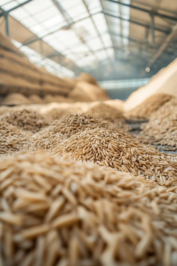 Large Warehouse Filled with Rice Grain Stacks. Modern Storage Facility ...
