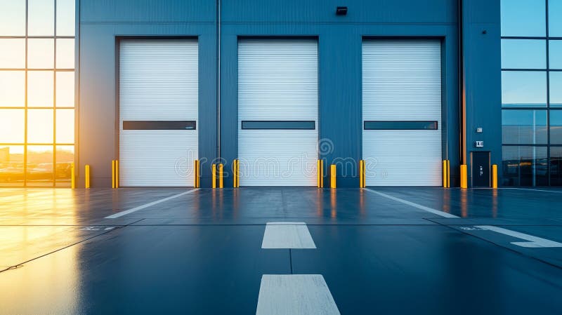 Modern Storage Facility with White Roll-up Doors at Sunset, Industrial ...
