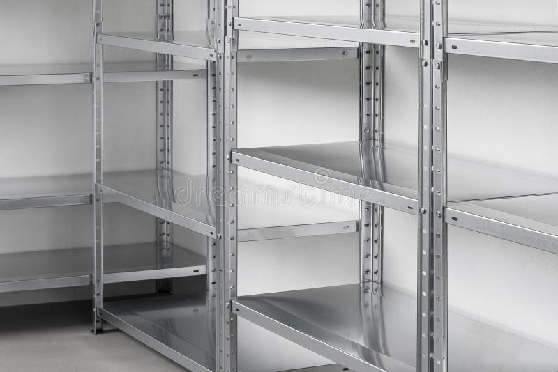 Modern Storage Room with Empty Metal Shelving Unit Stock Image - Image ...
