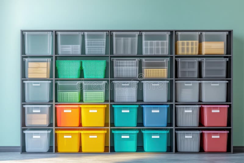 Modern Storage Solution with Brightly Colored Bins Organized on ...