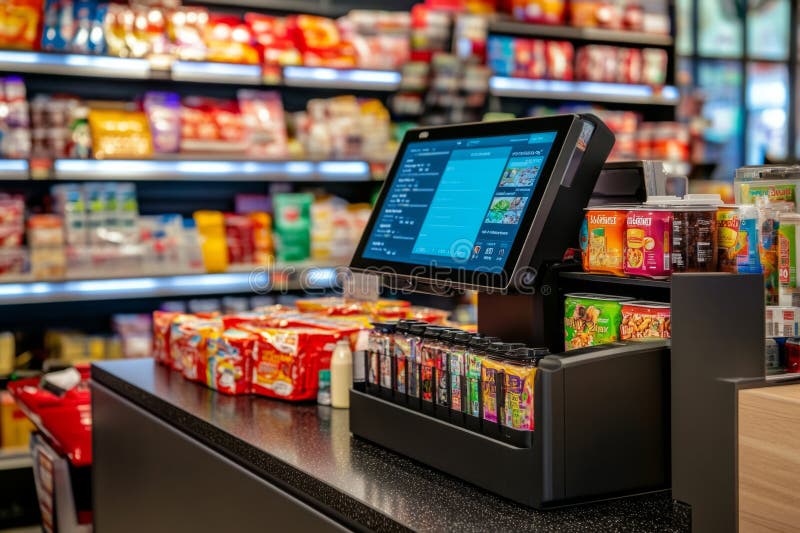 Modern Store Checkout Area with Digital Register. Colorful Snacks and ...
