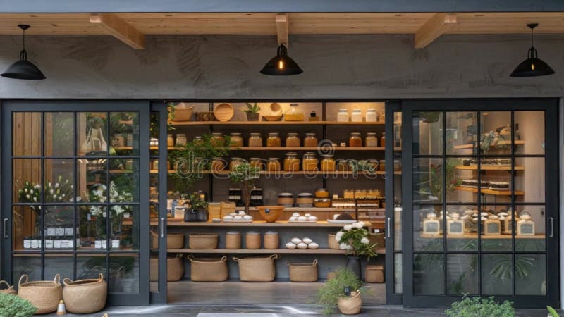 Modern Store Front with Glass Doors and Rustic Shelves Displaying Goods ...