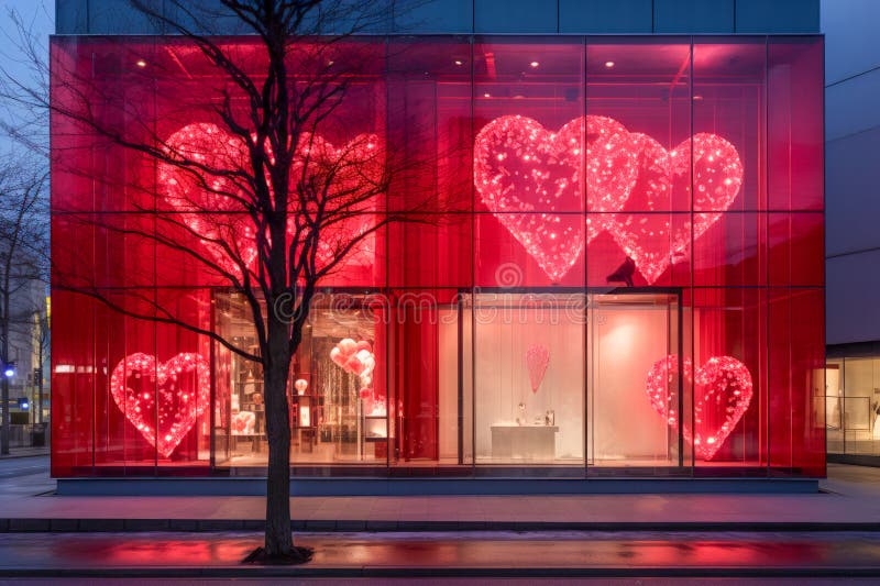 Modern Storefront Adorned with Large Red Heart Decorations for ...