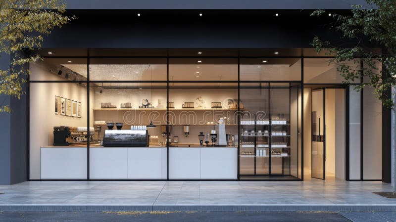 Modern Storefront of a Coffee Shop with Black Frames and White Interior ...