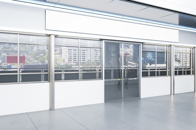 Modern Storefront with Empty Wide Mock Up Banner and City Window ...