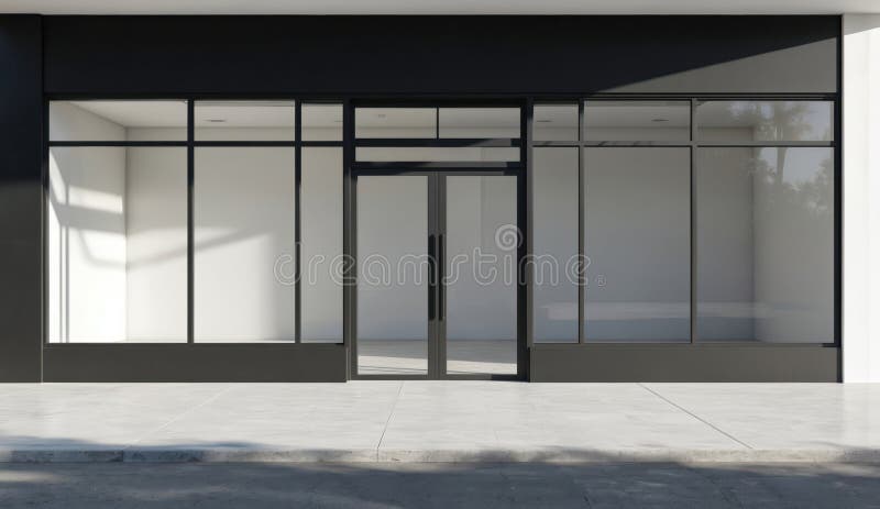 Modern Storefront Exterior with Empty Interior, Featuring Black Sliding ...