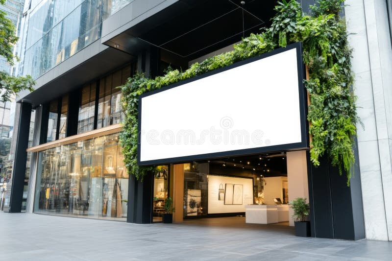Modern Storefront with Greenery and Blank Signage in an Urban Setting ...