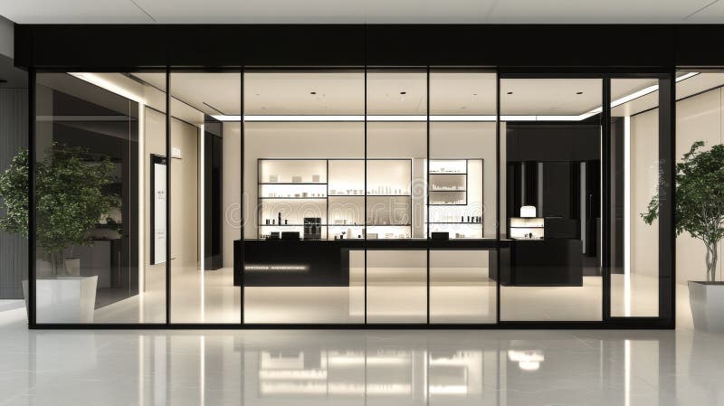 Modern Storefront with Illuminated Display Shelves and Black Countertop ...