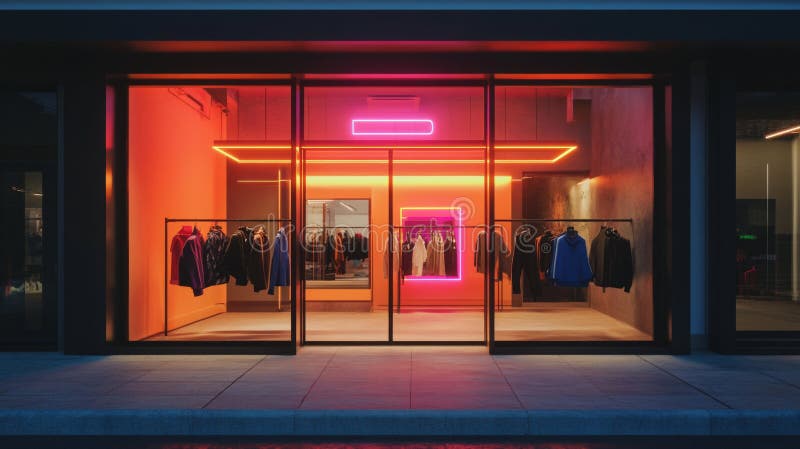 Modern Storefront Illuminated with Neon Lights at Night Stock ...