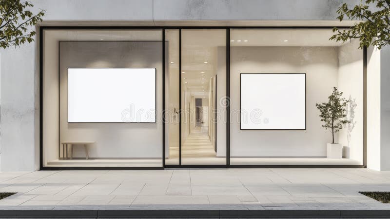 Modern Storefront with Large Glass Windows Displaying Blank White ...