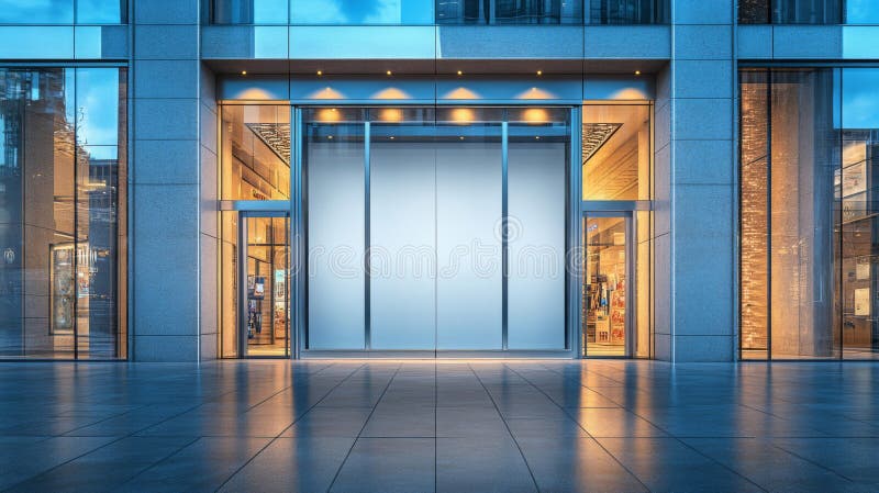 Modern Storefront at Night with Blank Signage Stock Illustration ...
