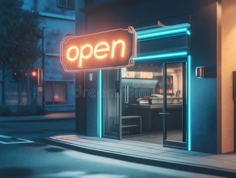 Modern Storefront at Night, Neon "open" Sign Stock Illustration ...