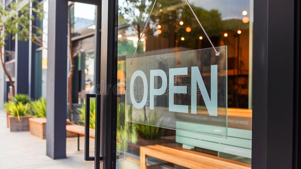 Modern Storefront with an Open Sign, Inviting Customers in, Surrounded ...