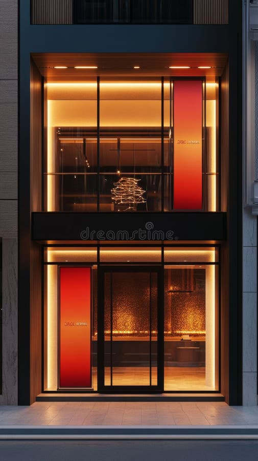 Modern Storefront with Warm Lighting and Red Panels. Stock Illustration ...