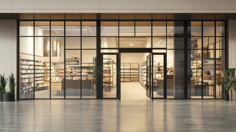 Modern Storefront of a Well-Lit Grocery Store with Shelves Full of ...