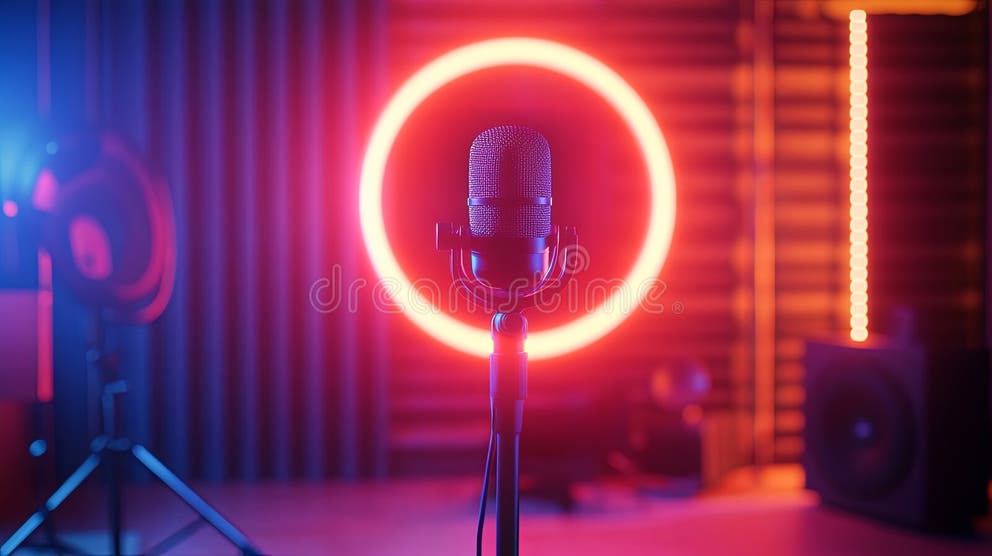 A Modern Streaming Setup with a Clean Microphone and a Glowing Ring ...