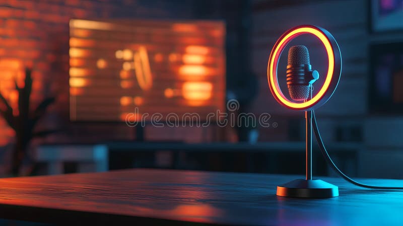 A Modern Streaming Setup with a Clean Microphone and a Glowing Ring ...