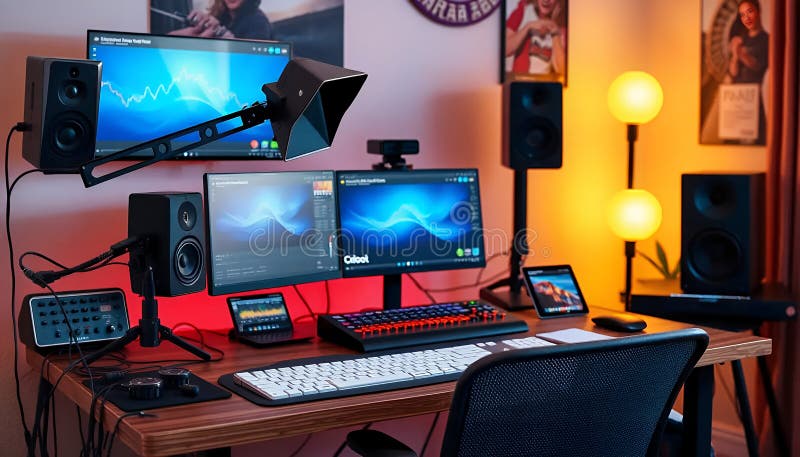 Modern Streaming Setup with Dual Monitors Stock Photo - Image of desk ...