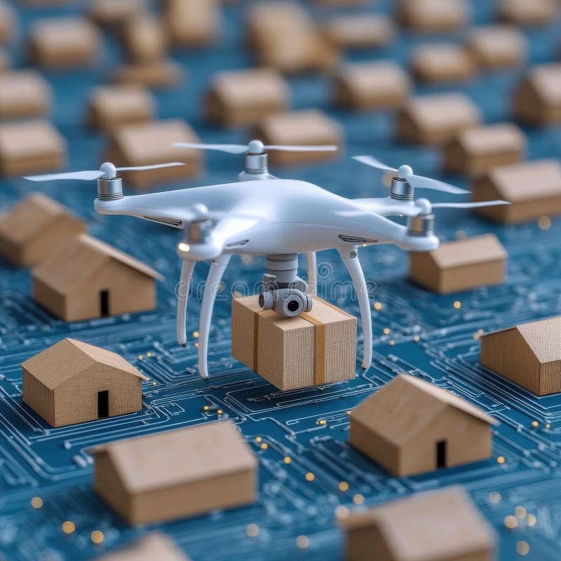 A Modern, Streamlined Drone with a Camera Hovers Above a Package ...
