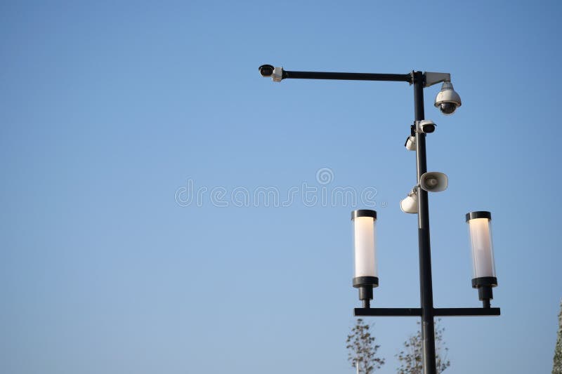 Modern Street Lighting with Surveillance Cameras in Clear Sky Stock ...