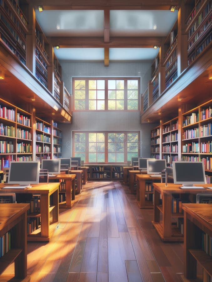 A Modern Student Library with Bookshelves and Computers. Generative AI ...