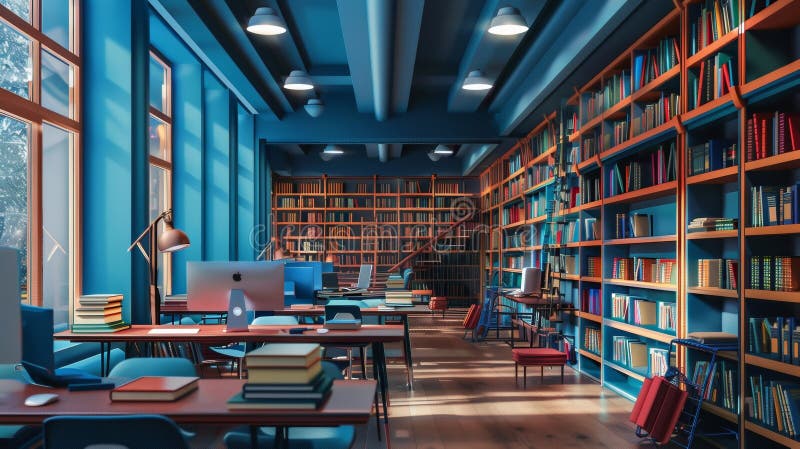 A Modern Student Library with Bright Blue Walls, Bookshelves Filled ...