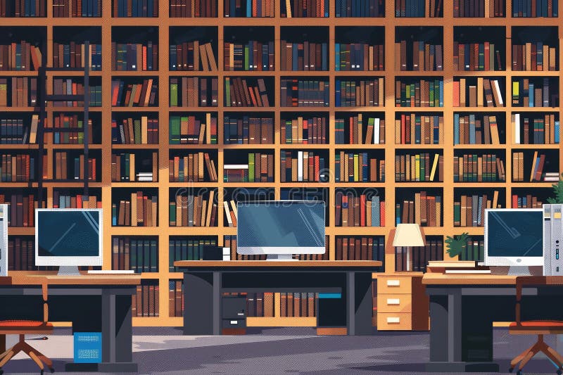 A Modern Student Library Featuring Bookshelves and Computers ...