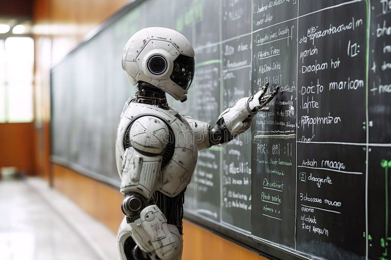 Modern Student Robot Stands at Blackboard in Classroom during Lesson ...